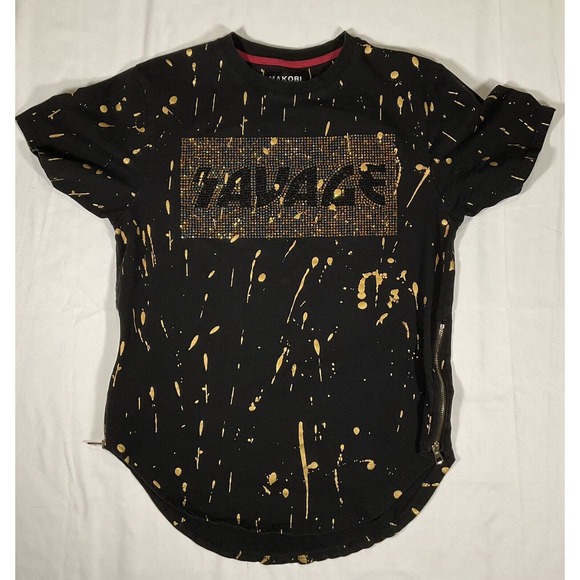Makobi | Shirts | Makobi Mens Black Gold Shirt Savage Rhinestones With Zippered Sides Small ...